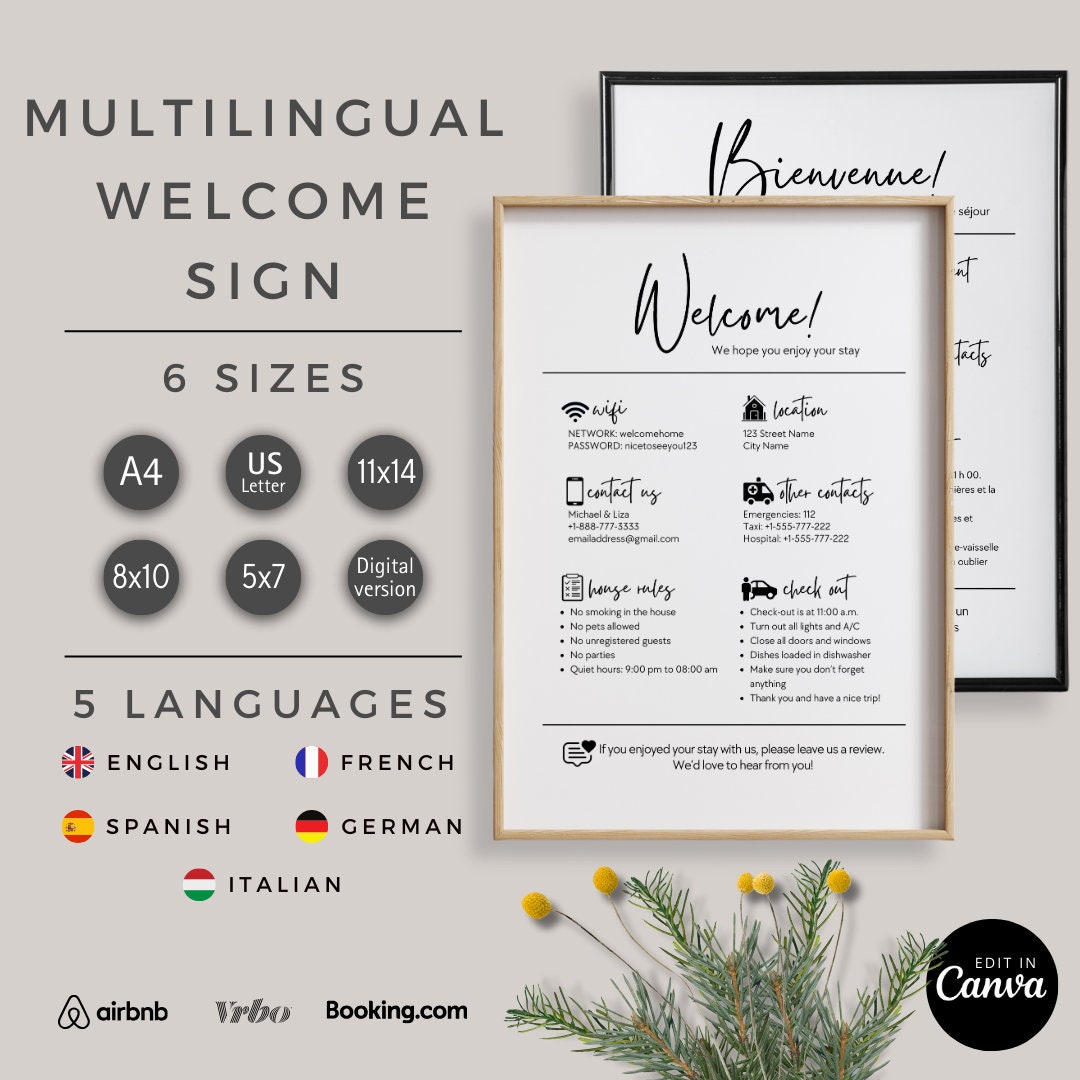 Multilingual Welcome Sign for Airbnb Hosts, Printable Airbnb Welcome ...