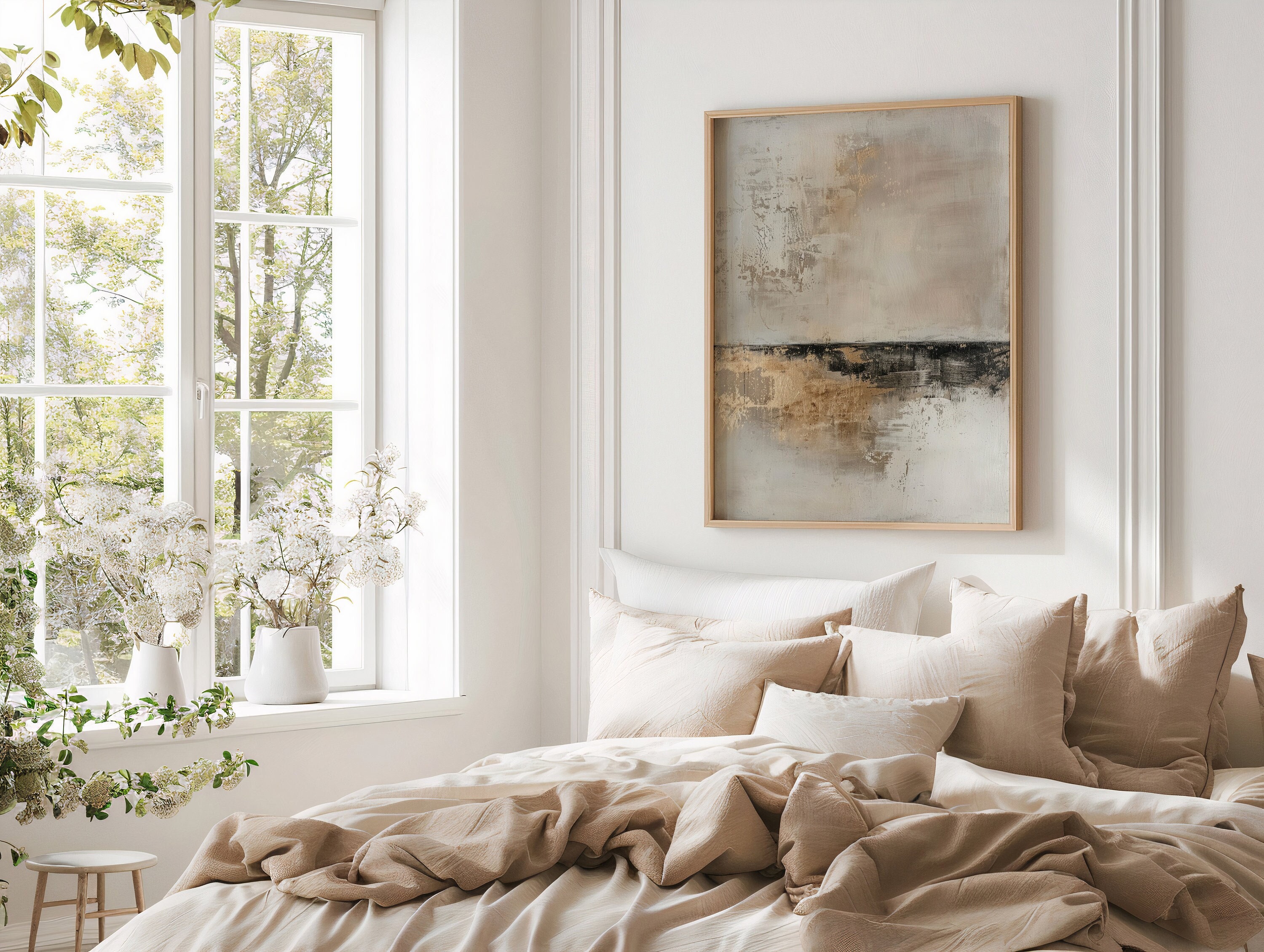 Wabi Sabi Wall Art, Japandi Design, Black White Gold Wall Art, Minimalist Painting, Beige ...