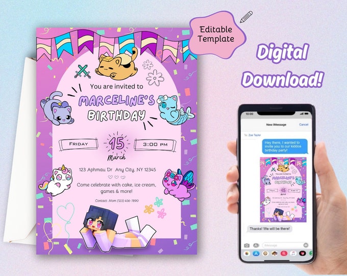 Aphmau Invitation Aphmau Party Invite Girl Gamer Birthday Invitation ...
