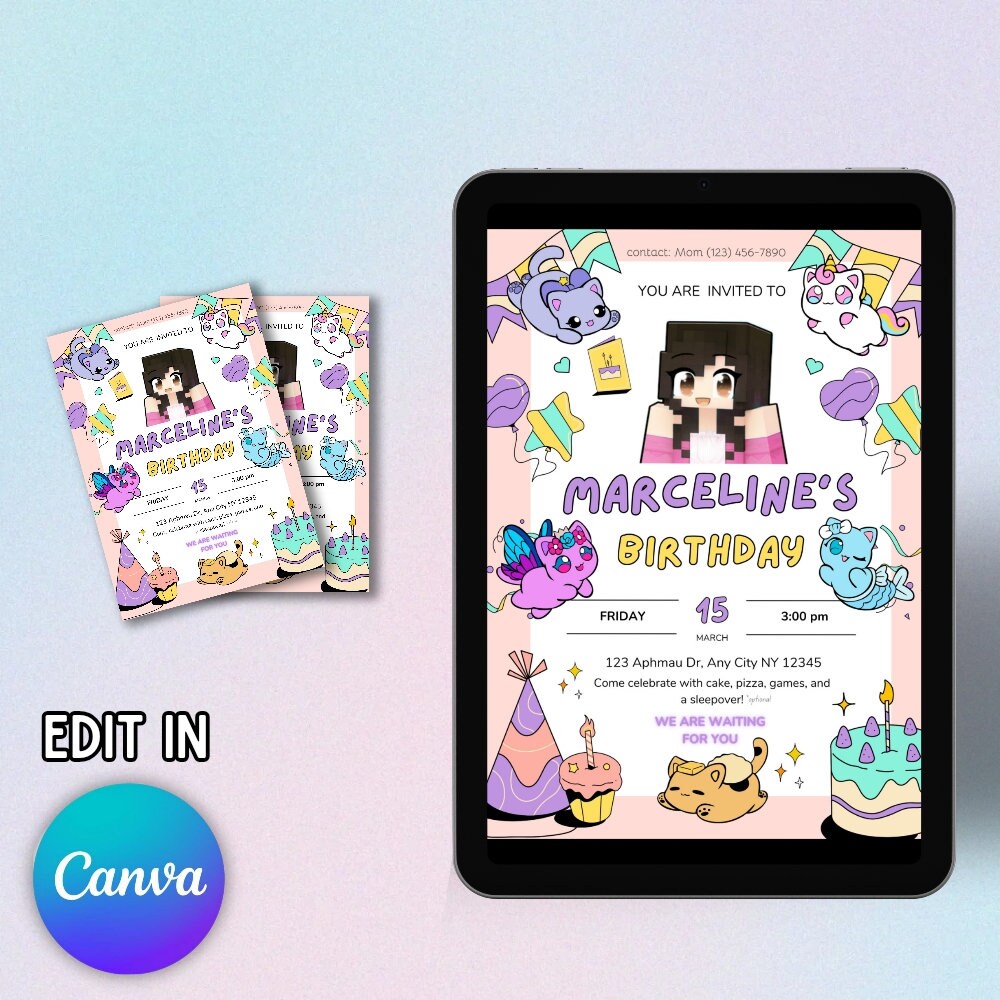 Aphmau Editable Printable Birthday Party Invitation, Editable in Canva ...