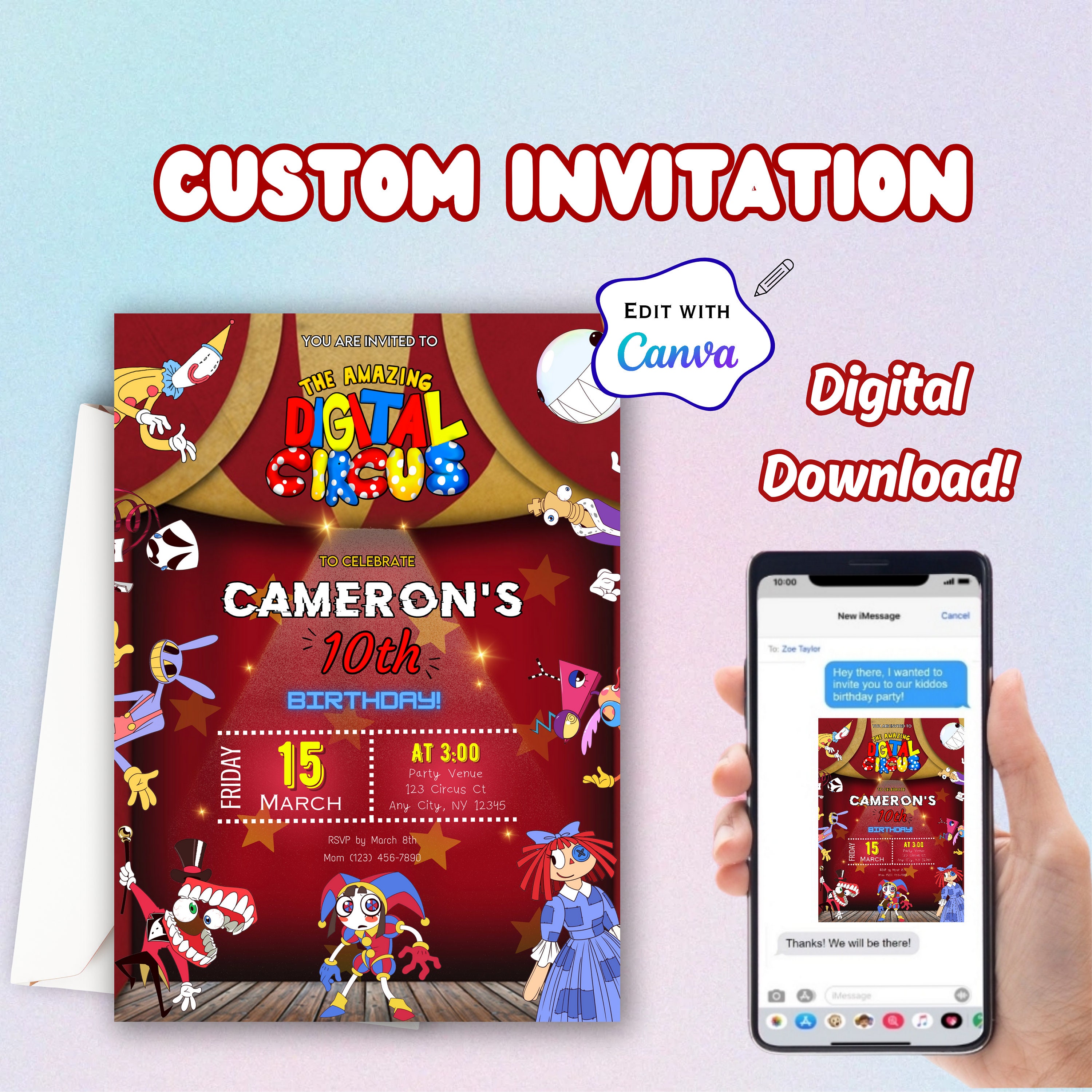 The Amazing Digital Circus Editable Printable Birthday Party Invitation ...