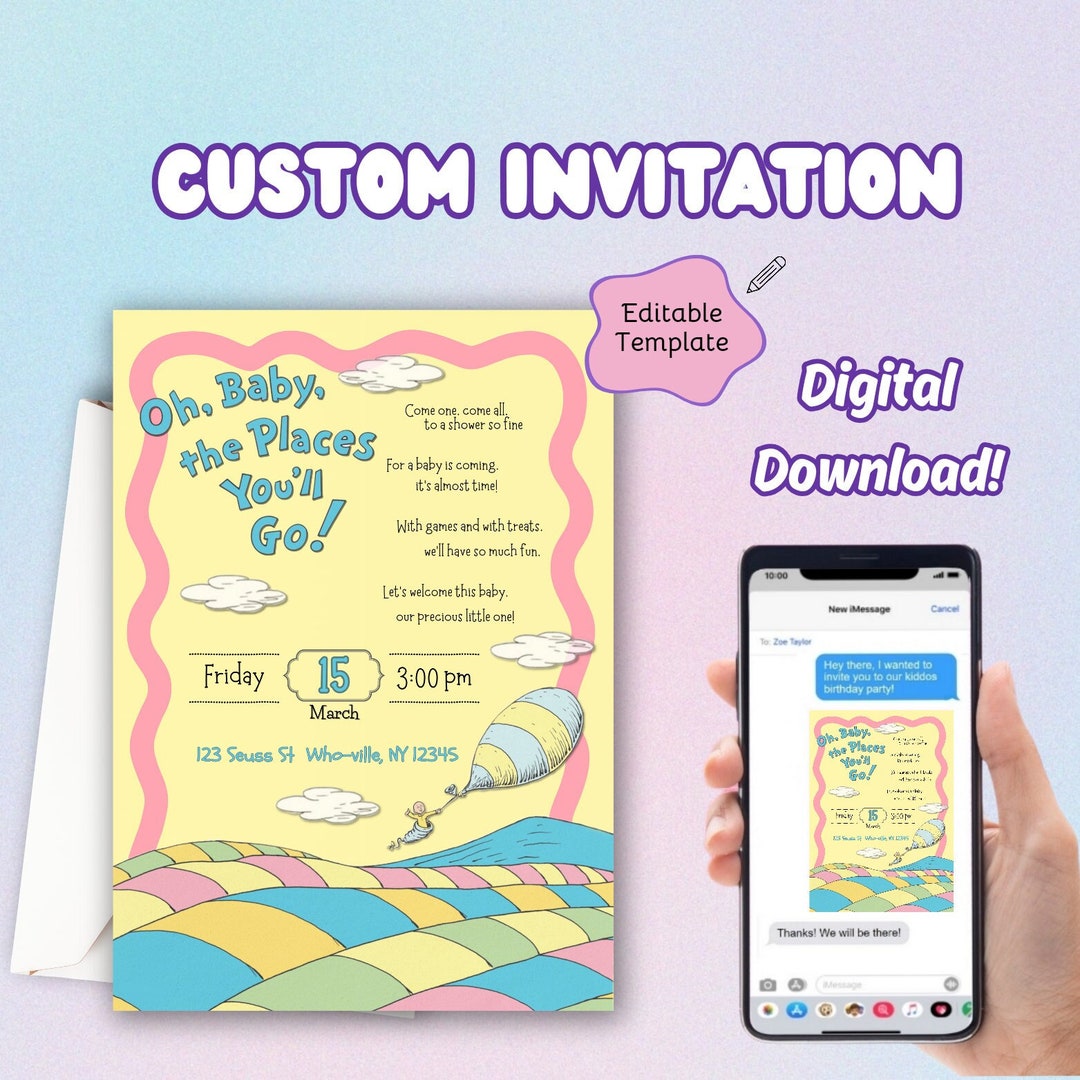 Dr Seuss, Oh Baby the Places You'll Go, Editable Printable Baby Shower ...