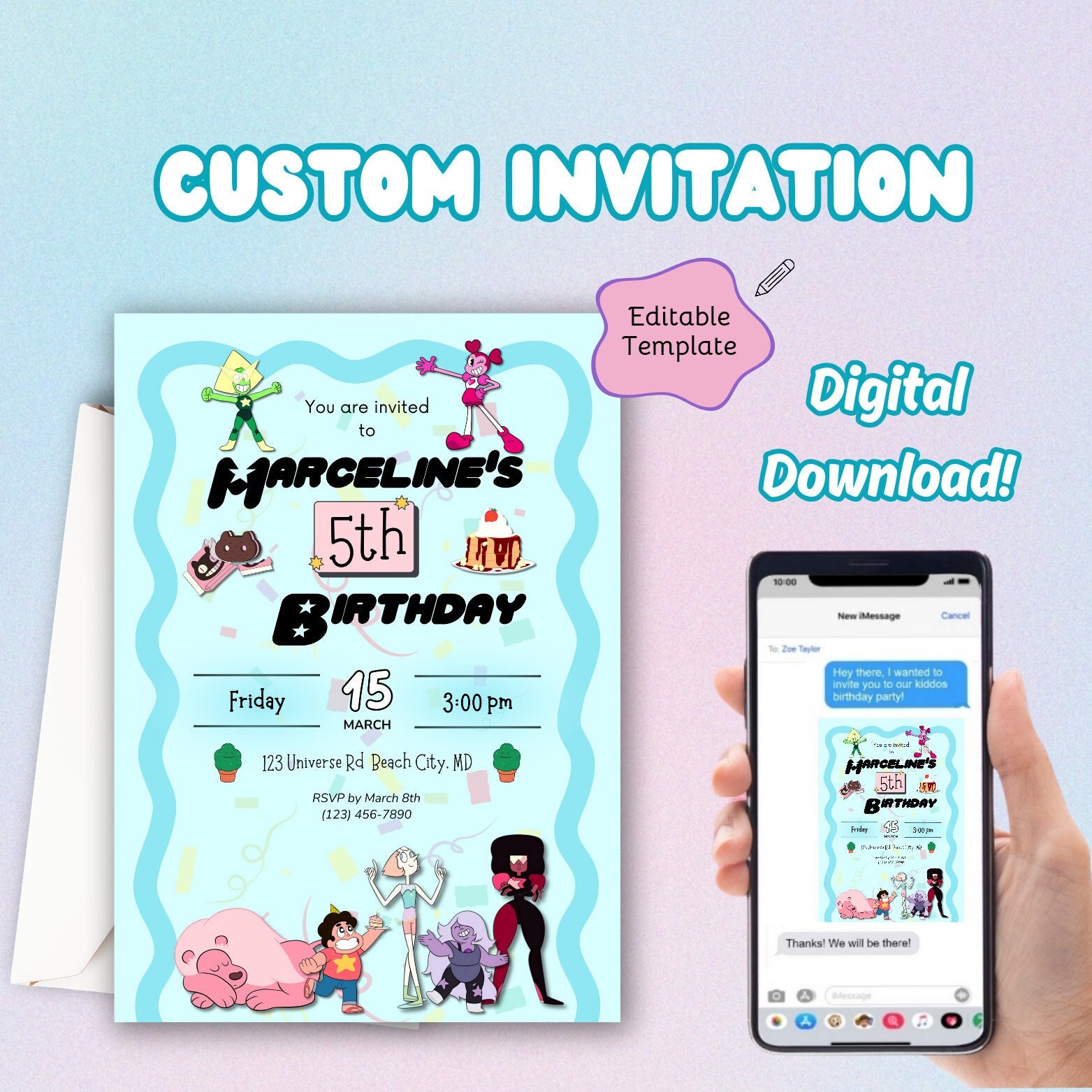 Steven Universe Editable Printable Birthday Invitation, Crystal Gems ...