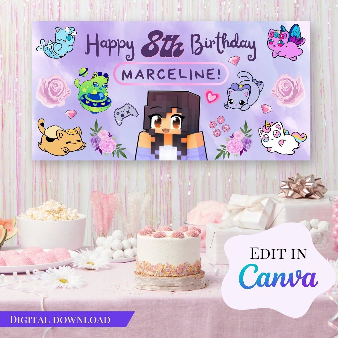 Aphmau Meemeow Editable Printable Kids Birthday Banner, Editable in ...