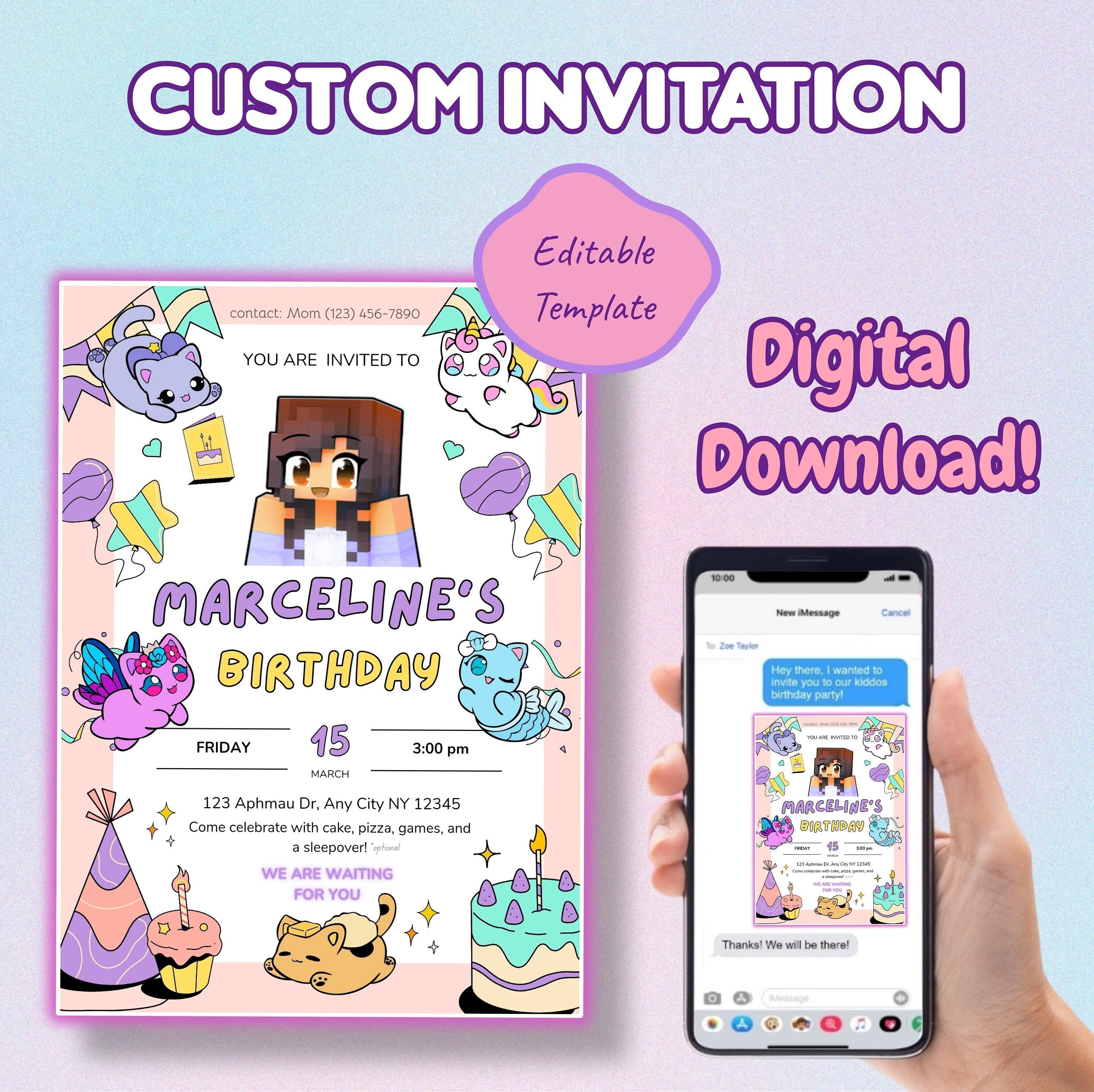 Aphmau Editable Printable Birthday Party Invitation, Editable in Canva ...