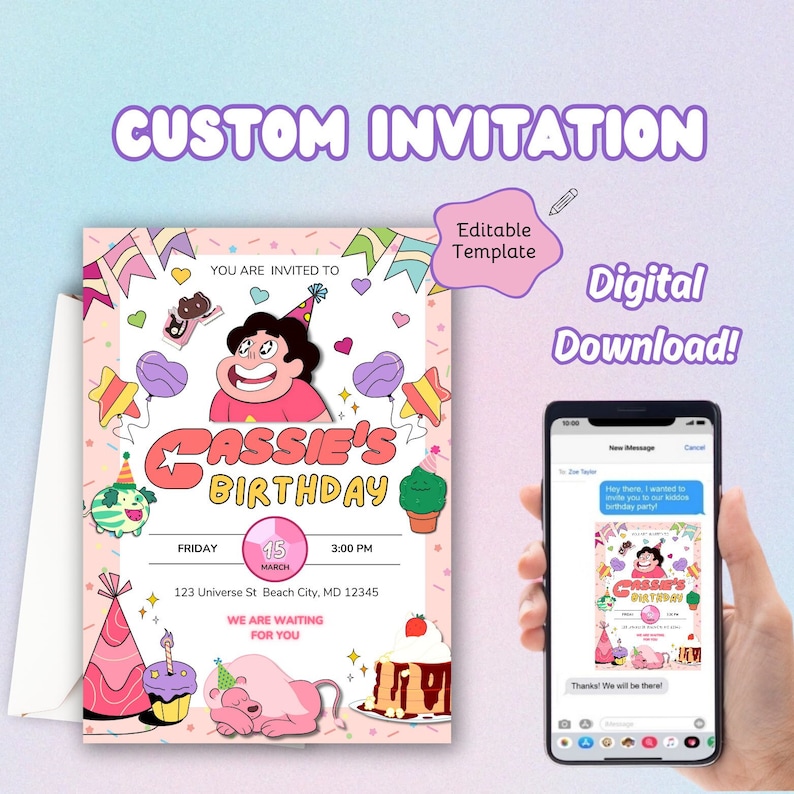 Invitación de cumpleaños imprimible editable de Steven Universe, gemas ...