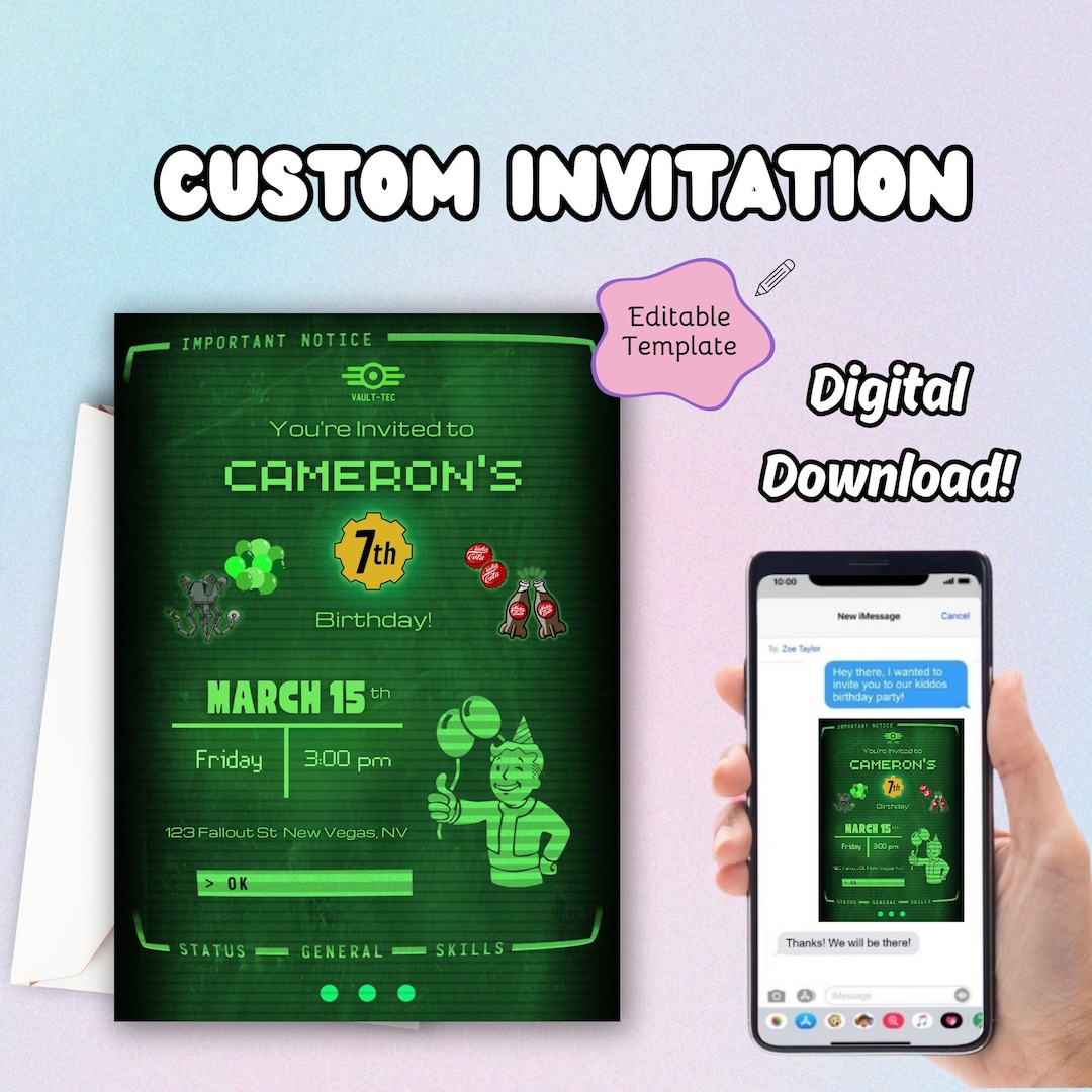 Fallout Birthday Party Editable Printable Invitation, Fallout 4 ...