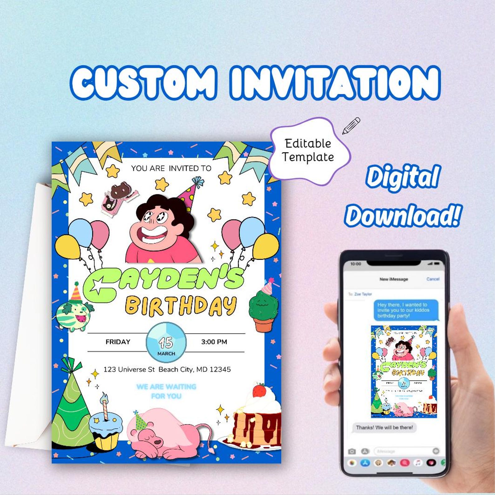 Steven Universe Editable Printable Birthday Invitation, Crystal Gems ...