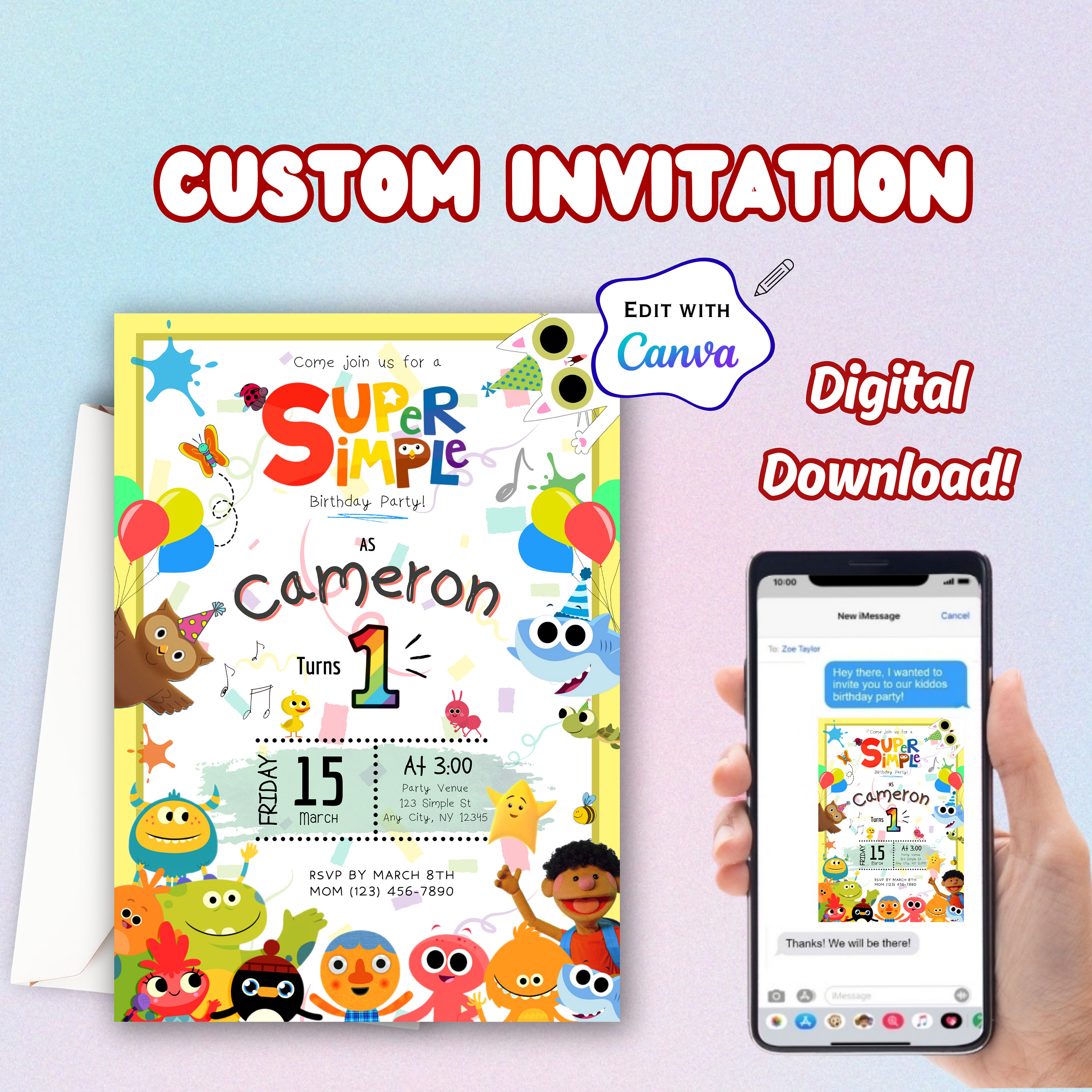 Super Simple Songs Editable Printable Birthday Party Invitation ...