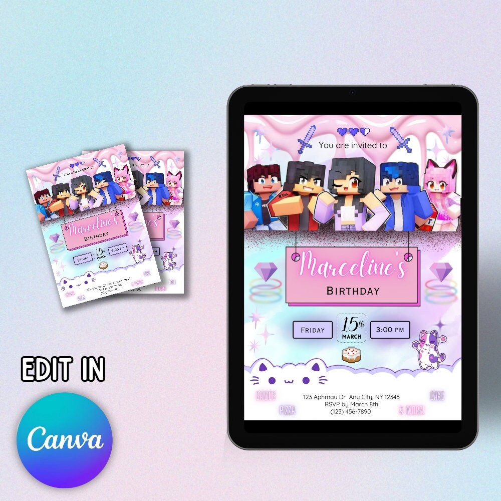 Aphmau Editable Printable Birthday Party Invitation, Editable in Canva ...