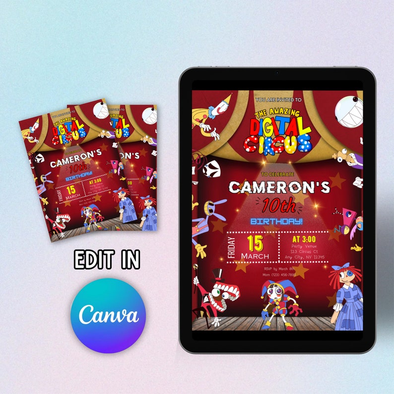 The Amazing Digital Circus Editable Printable Birthday Party Invitation ...