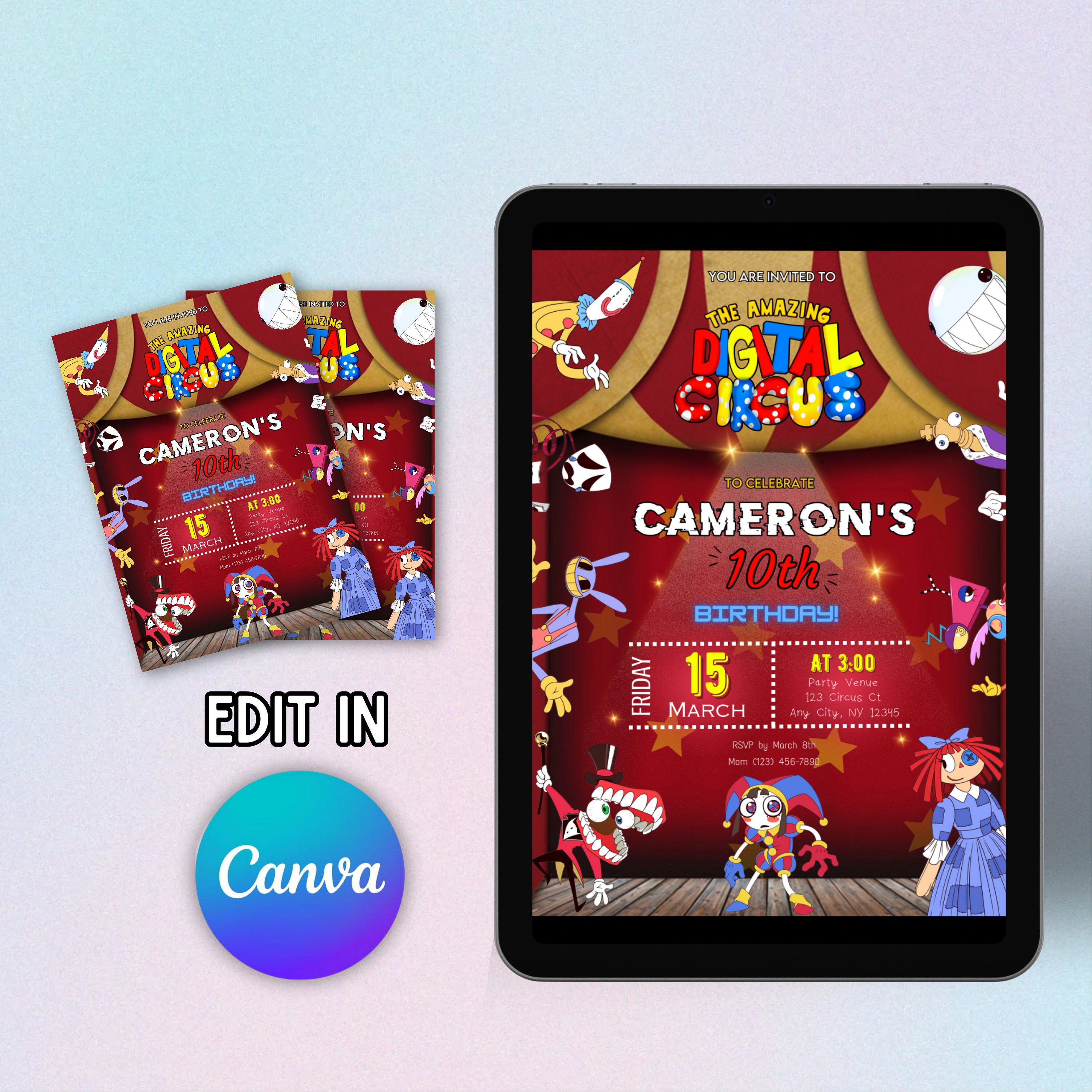 The Amazing Digital Circus Editable Printable Birthday Party Invitation ...