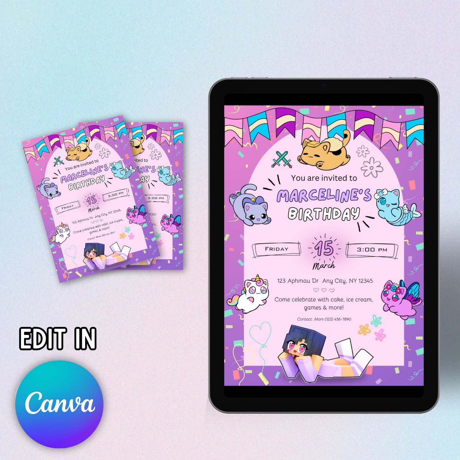 Aphmau Editable Printable Birthday Party Invitation, Editable in Canva ...