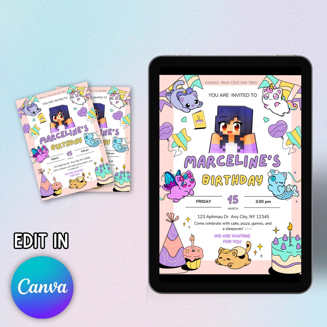 Aphmau Editable Printable Birthday Party Invitation, Editable in Canva ...
