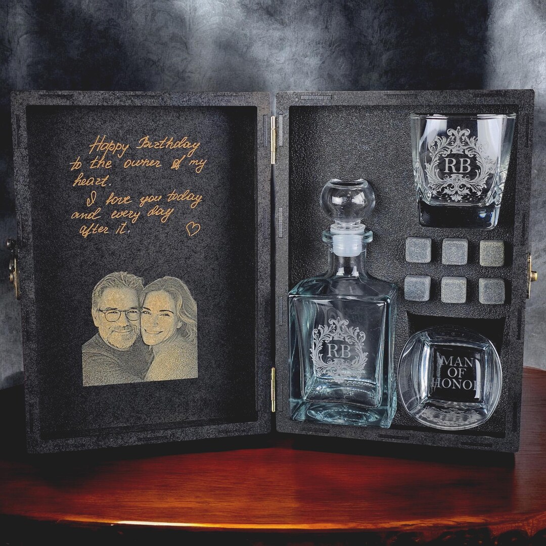 Personalized Photo Engraving on Bourbon Decanter and Glasses Set Custom ...