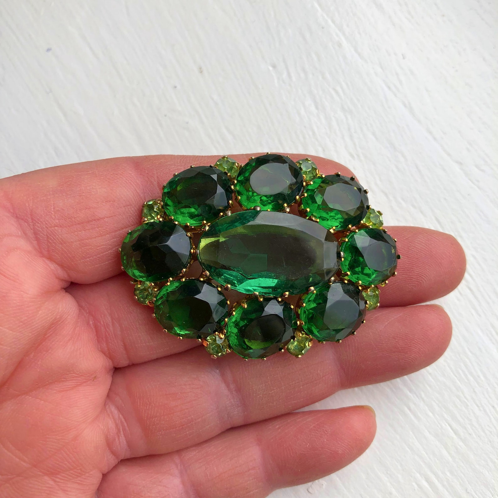 Vintage Emerald Green Rhinestones Brooch Pin, 1970's Jewellery, Special ...