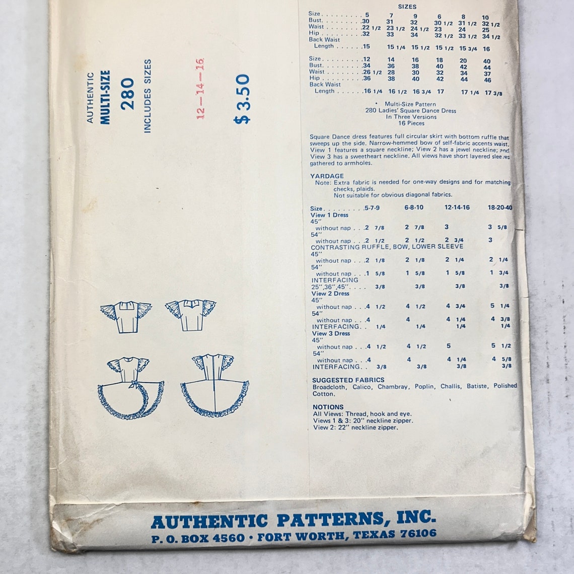 Authentic Patterns Square Dance Dress Pattern 280 Ruffled Full Twirl ...