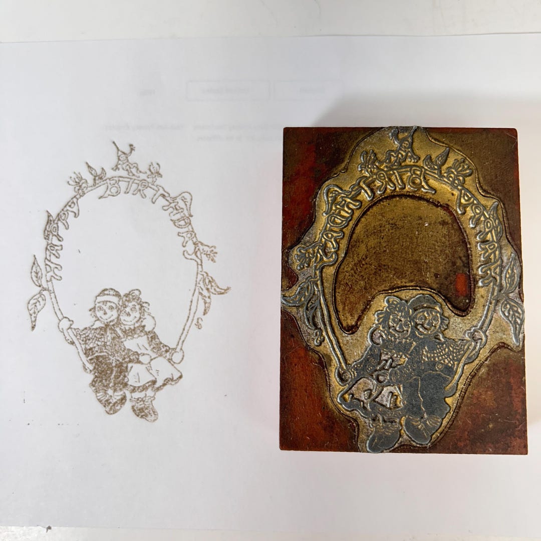 Vintage Raggedy Ann & Andy Printers Block Happy Birthday Stamp Metal ...