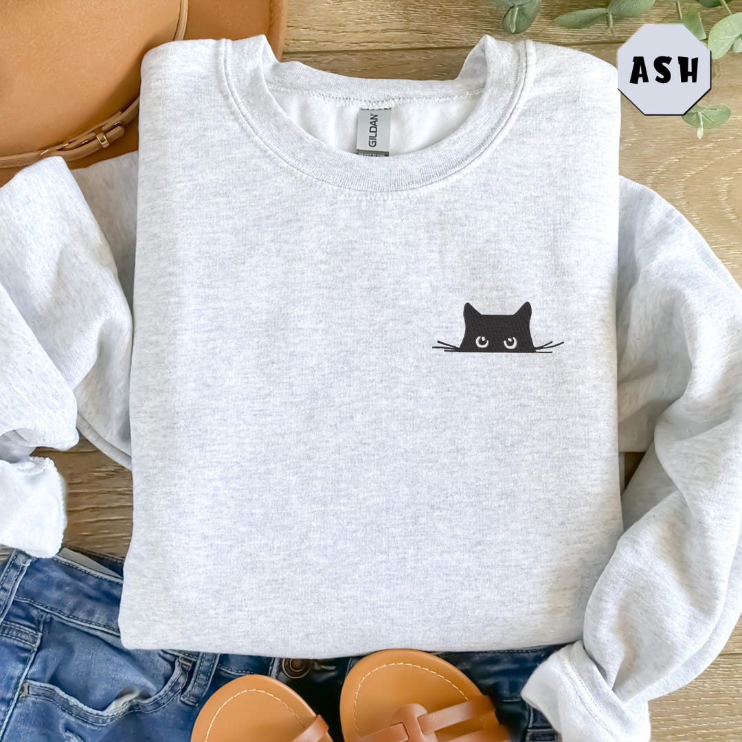 Embroidered Black Cat Sweater, Black Cat Design Sweater, Cat Lover ...