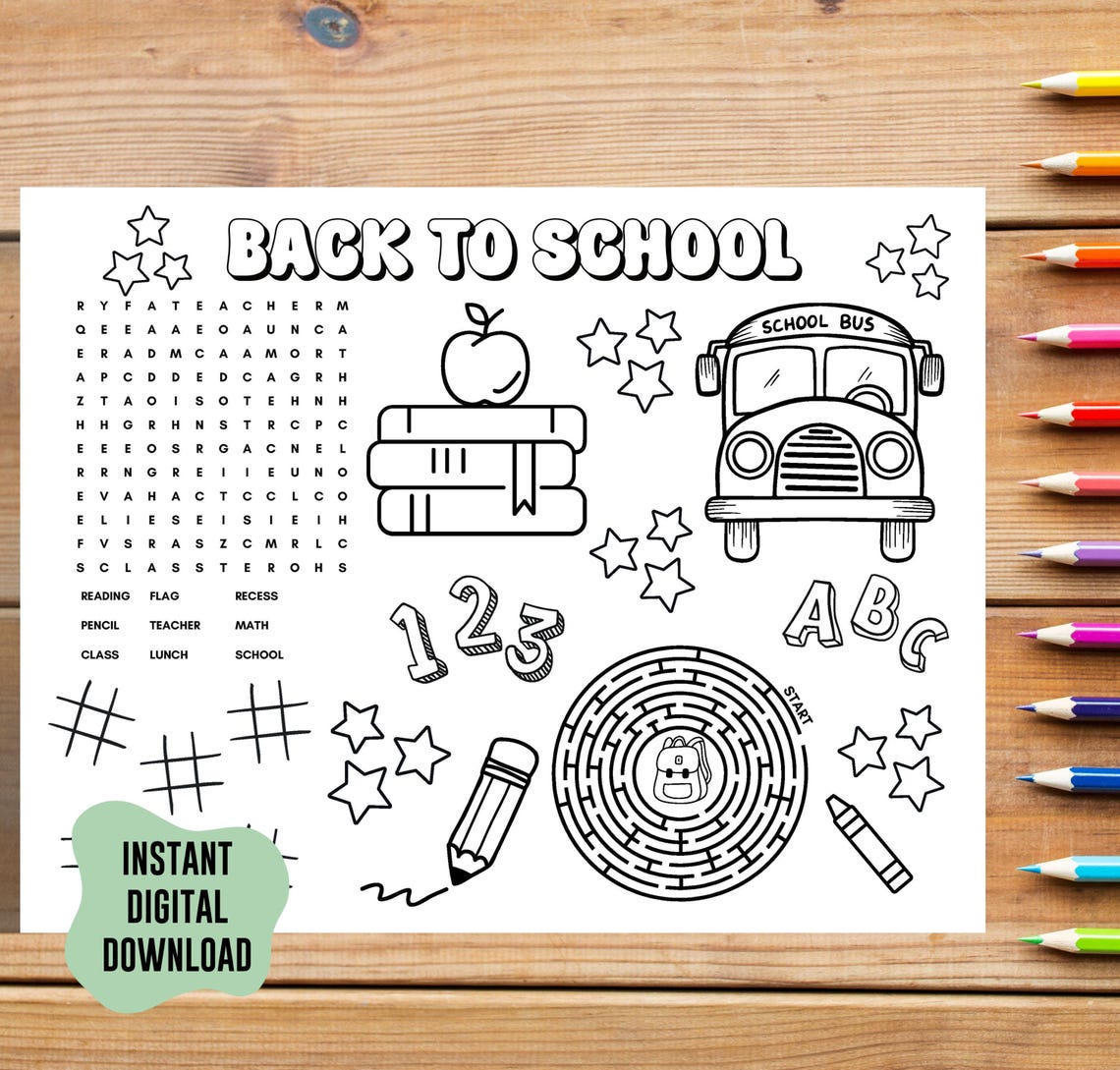 Back to School Coloring Activity Sheet, First Day Easy Kids Game Gift ...