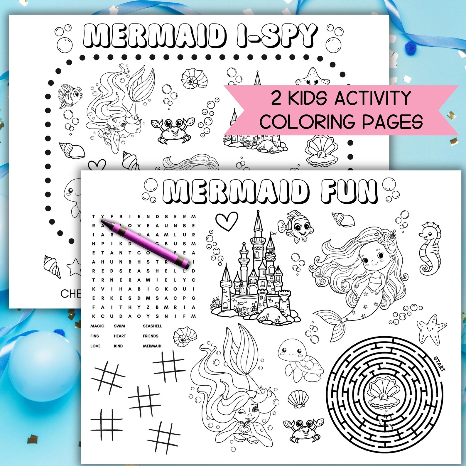 Mermaid Coloring Pages, Girl Birthday Activity Sheet, Kid Party Favor ...