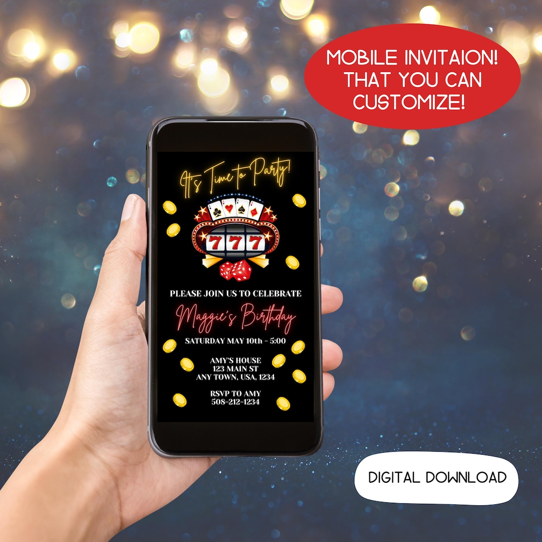 Editable Casino Birthday Mobile Invitation, Customize Slot Machine ...