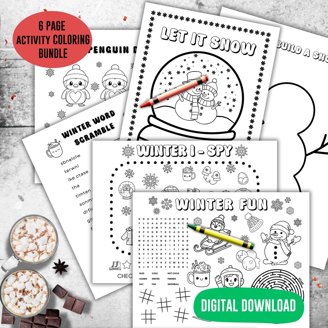 Winter Activity Printable Coloring Bundle, Kid Holiday Digital Game ...