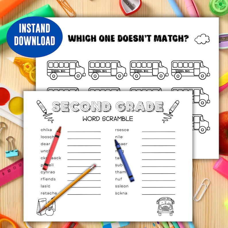 Second Grade Printable Coloring Activity Bundle, Word Search Scramble ...