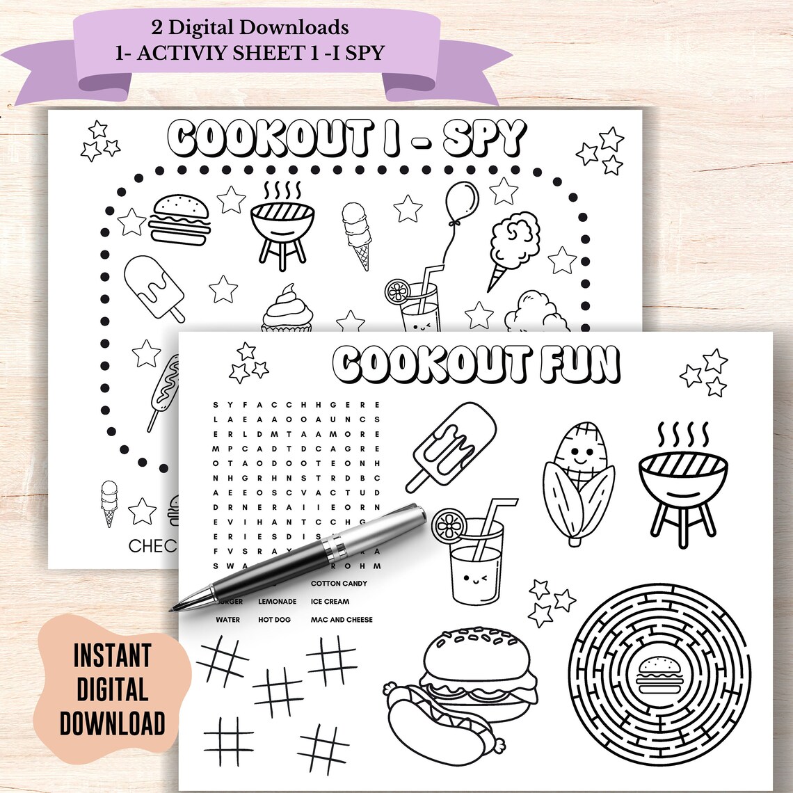 Easy BBQ Cookout Coloring Activity Kid Placemat, Printable Meet and ...