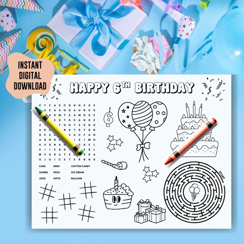 6th Birthday Party Favor Coloring Activity Sheets, Printable Kids ...