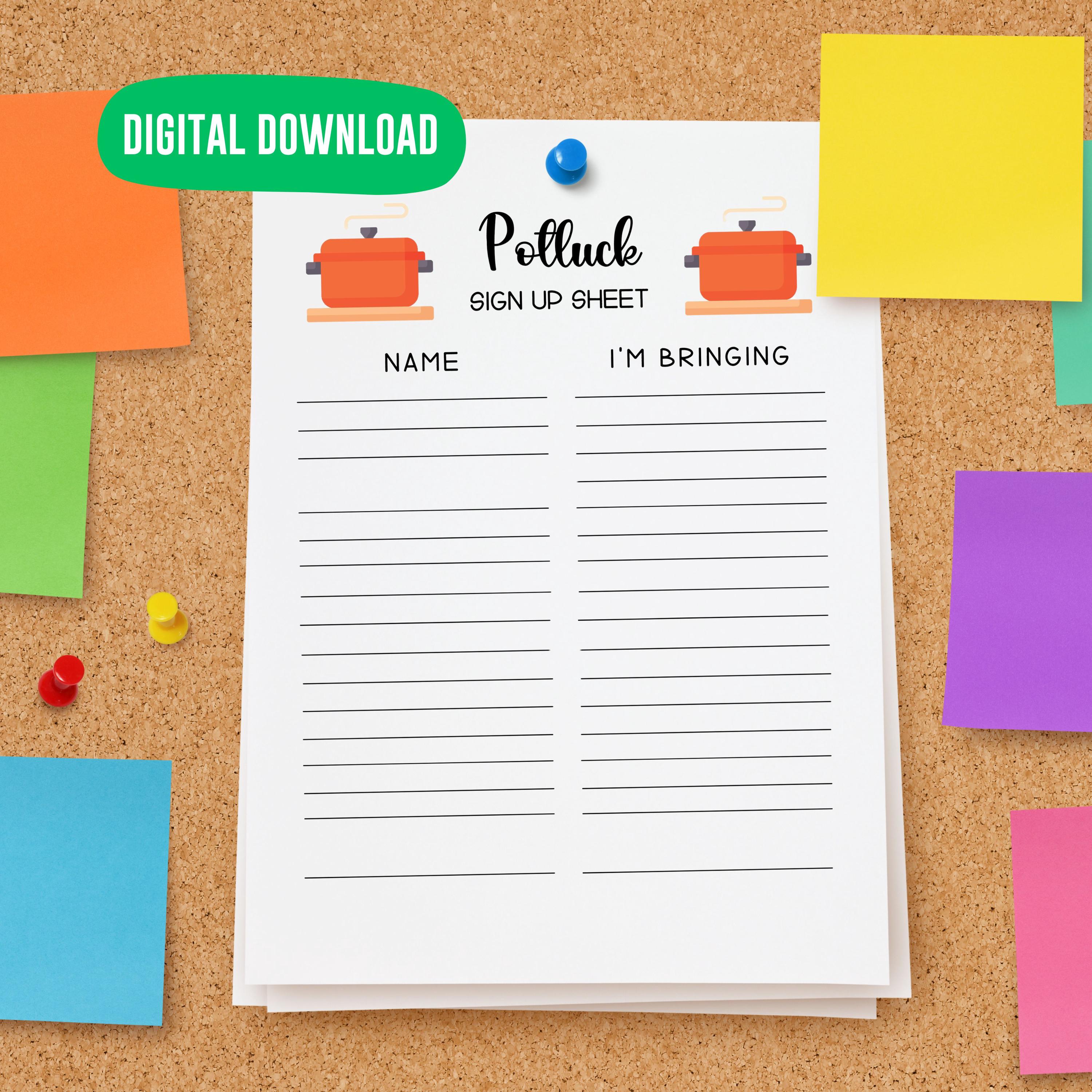 Potluck Signup Sheet & Questionnaire Card, Office Party Digital ...