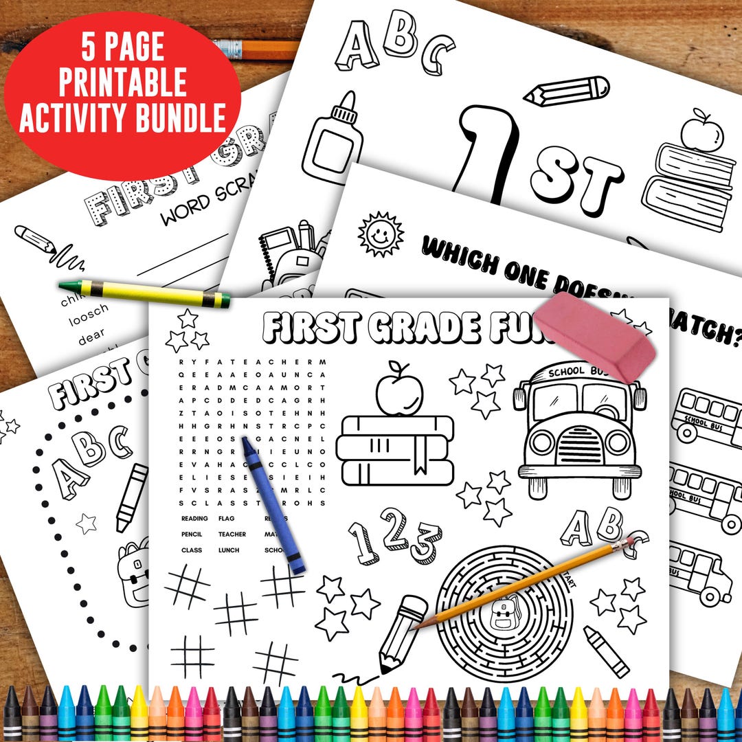 First Grade Printable Coloring Activity Page, Word Search Scramble Game ...