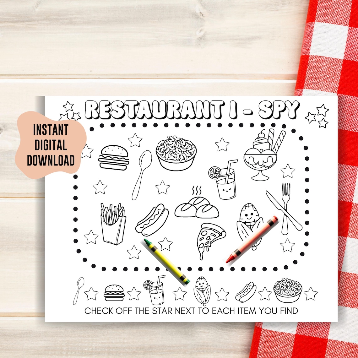 Foodie Restaurant Kids Coloring Placemat, Digital Dinner Lunch Activity ...