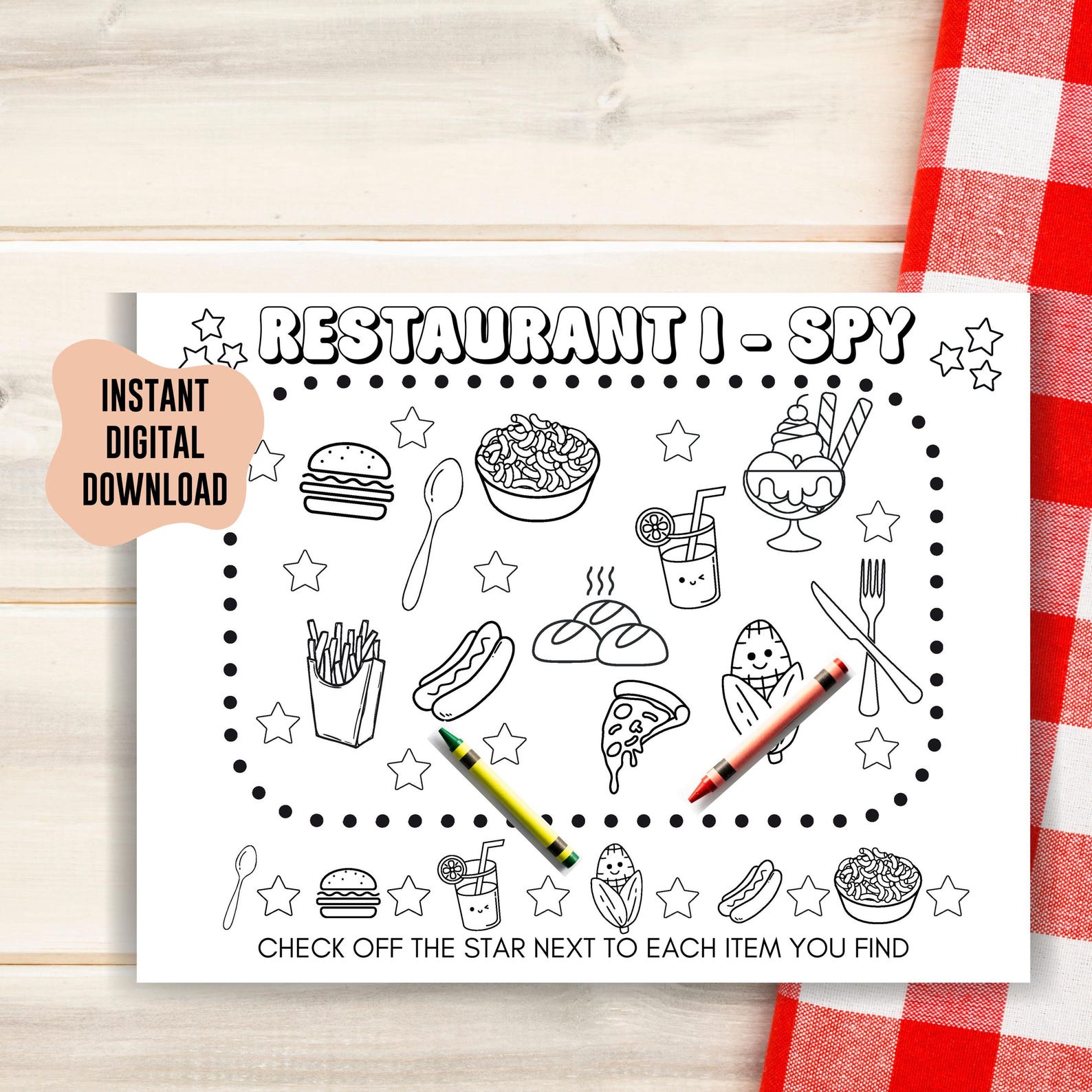 Foodie Restaurant Kids Coloring Placemat, Digital Dinner Lunch Activity ...