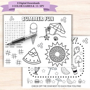 2 Summer Coloring Activity Placemat, Printable Summer Kids Games Gift ...