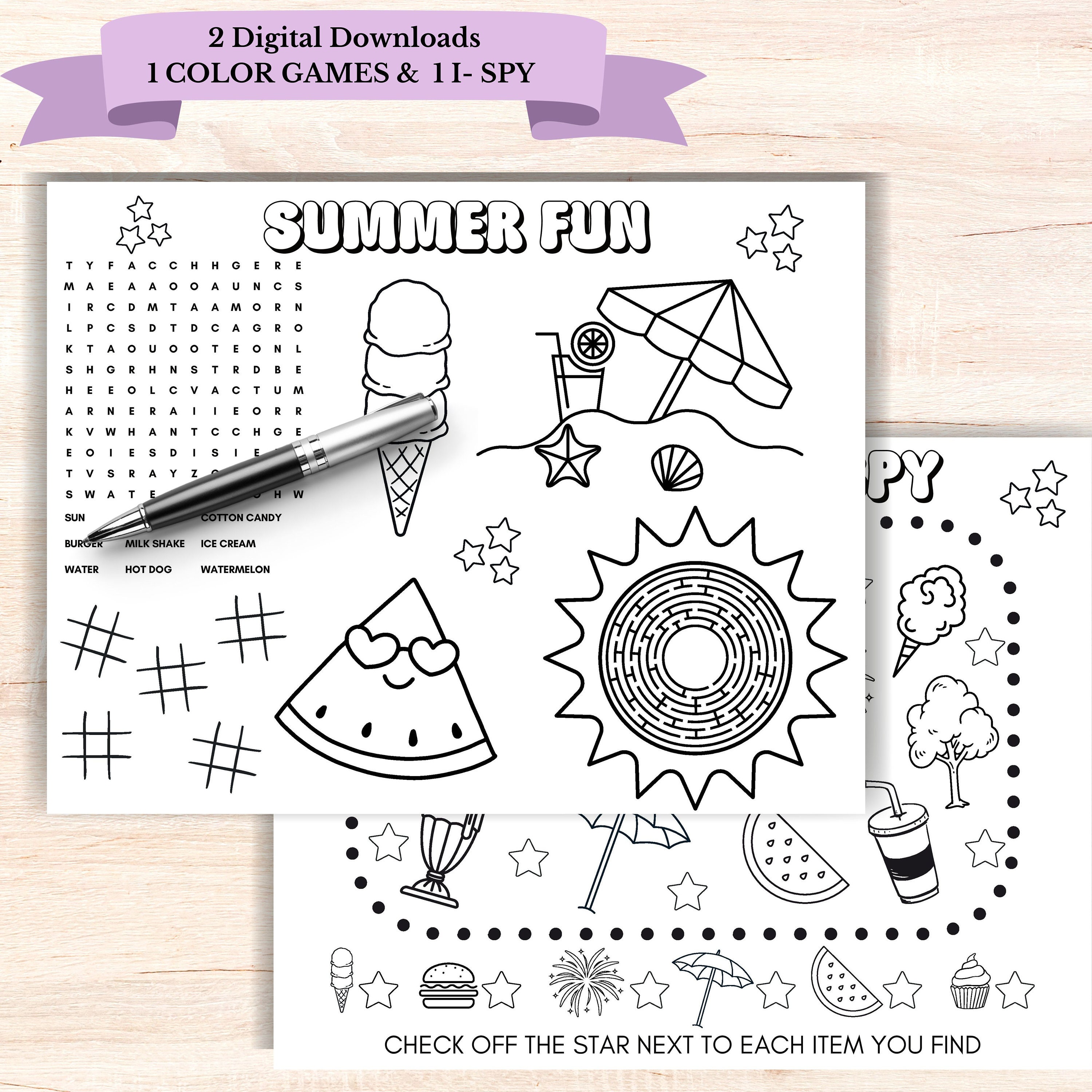2 Summer Coloring Activity Placemat, Printable Summer Kids Games Gift ...