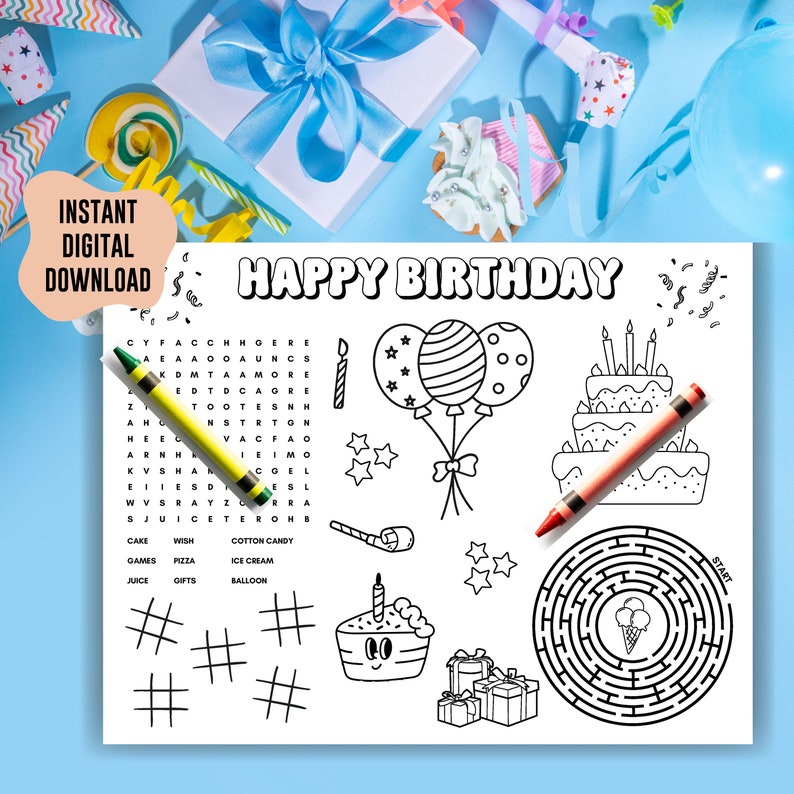 Birthday Party Favor, Coloring Activity Sheets, Printable Kids Game ...