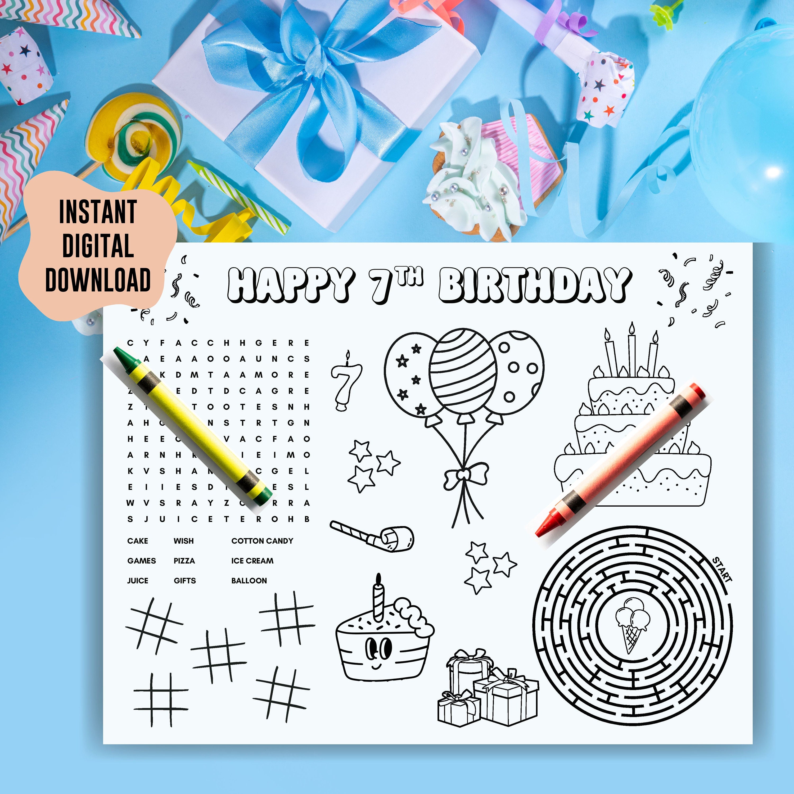 7th Birthday Party Favor, Coloring Activity Sheets, Printable Kid ...