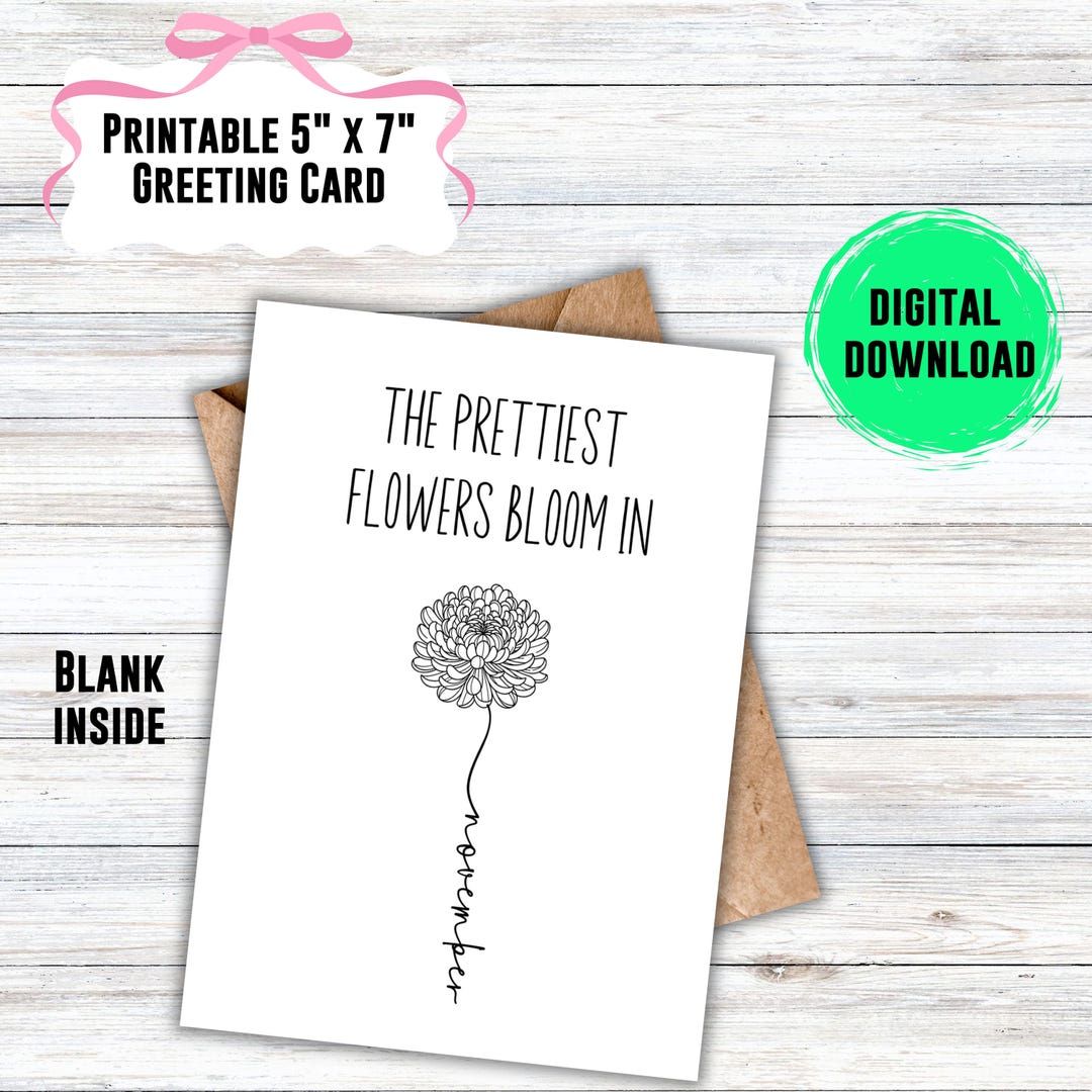 Digital November Birthday & Christmas Blank Card, Chrysanthemum Birth ...