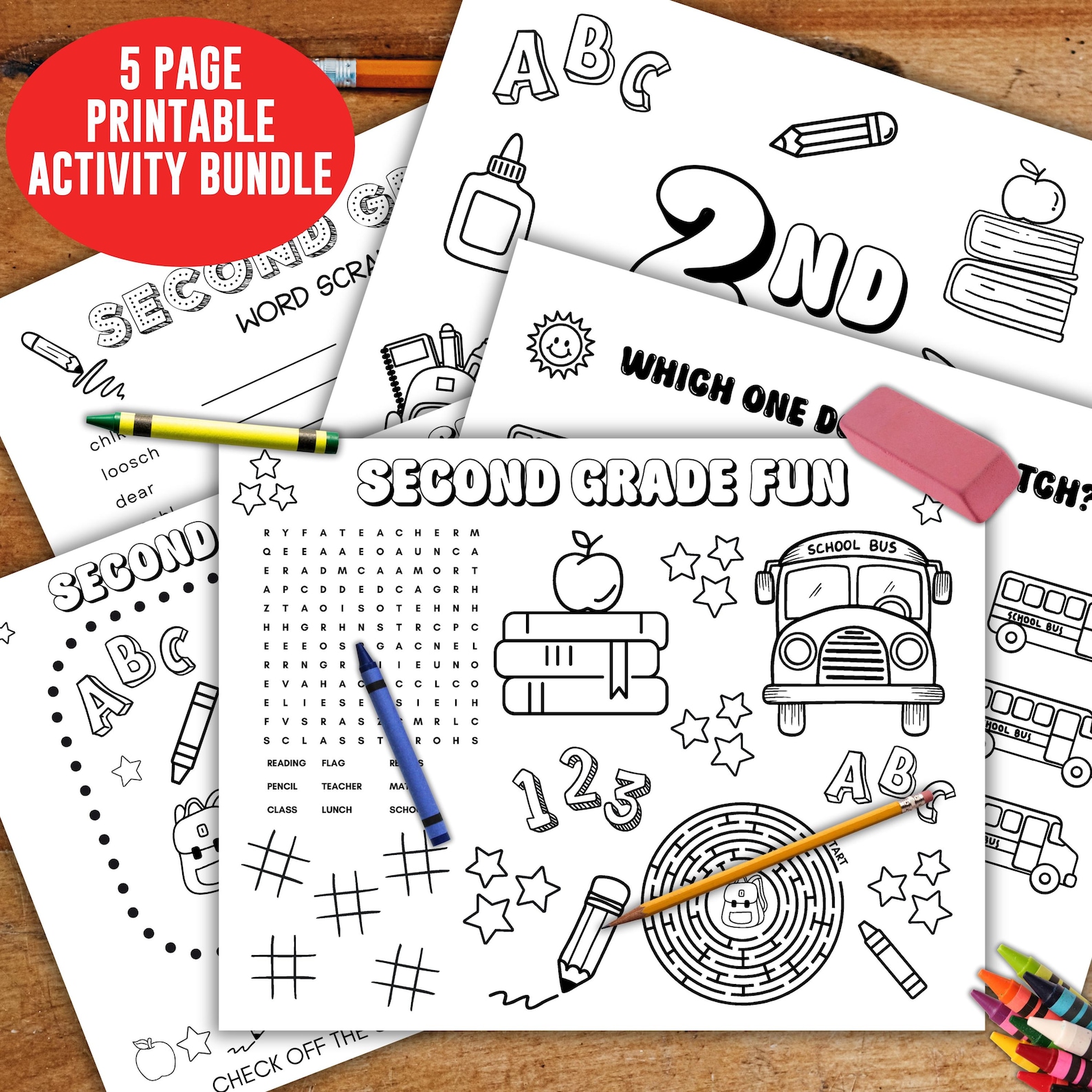 Second Grade Printable Coloring Activity Bundle, Word Search Scramble ...