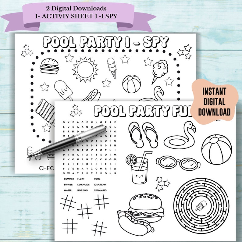 2 Pool Party Coloring Activity Sheets, Printable Summer Kids Game Gift ...