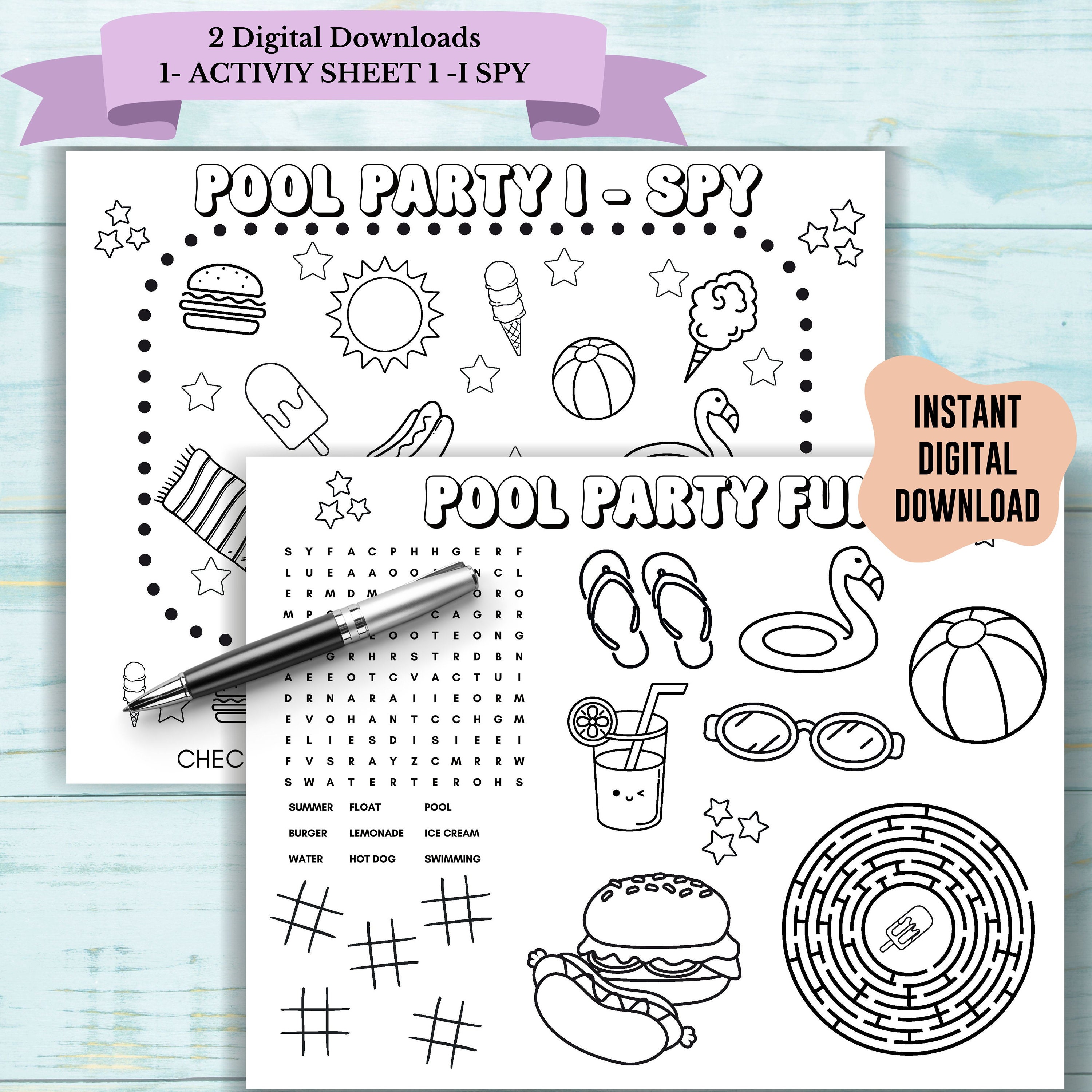 Pool Party Coloring Sheets: Kids Summer Activity Bundle (digital Print ...