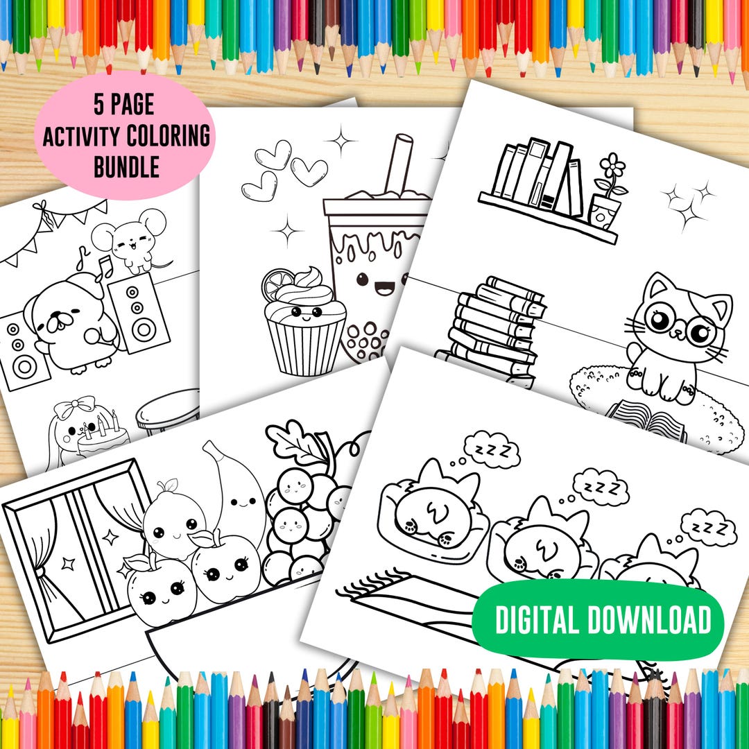 Kawaii Animal & Friends Coloring Pages Bundle, Printable Smiling Pet ...