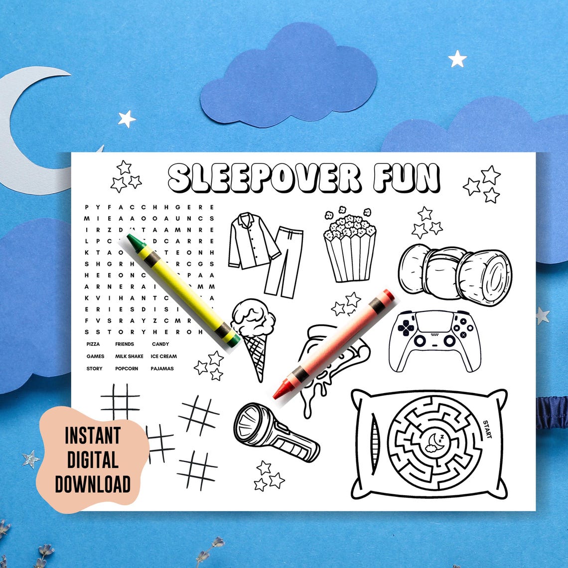 Boys Sleepover Activity Sheet, Printable Tac Toe Maze Games, Video Game ...