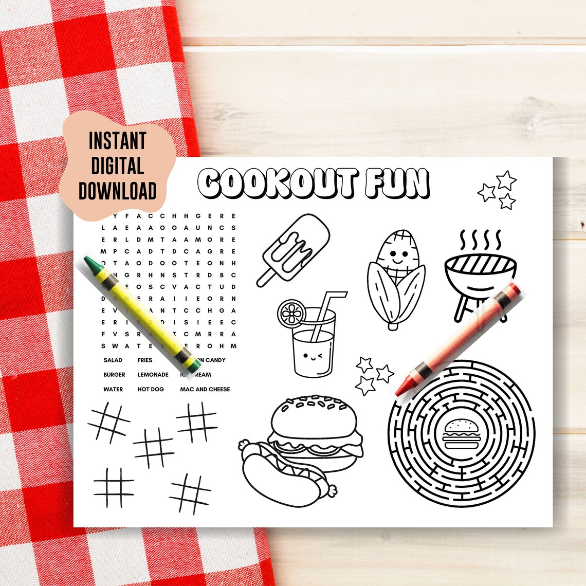 Easy BBQ Cookout Coloring Activity Kid Placemat, Printable Meet and ...