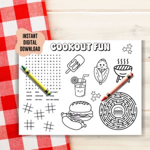 Easy BBQ Cookout Coloring Activity Kid Placemat, Printable Meet and ...