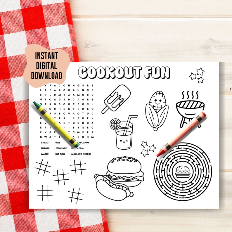 Easy BBQ Cookout Coloring Activity Kid Placemat, Printable Meet and ...