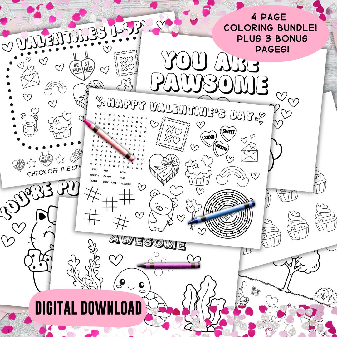 Valentine's Day Coloring Page Activity Bundle, Printable Hearts and ...