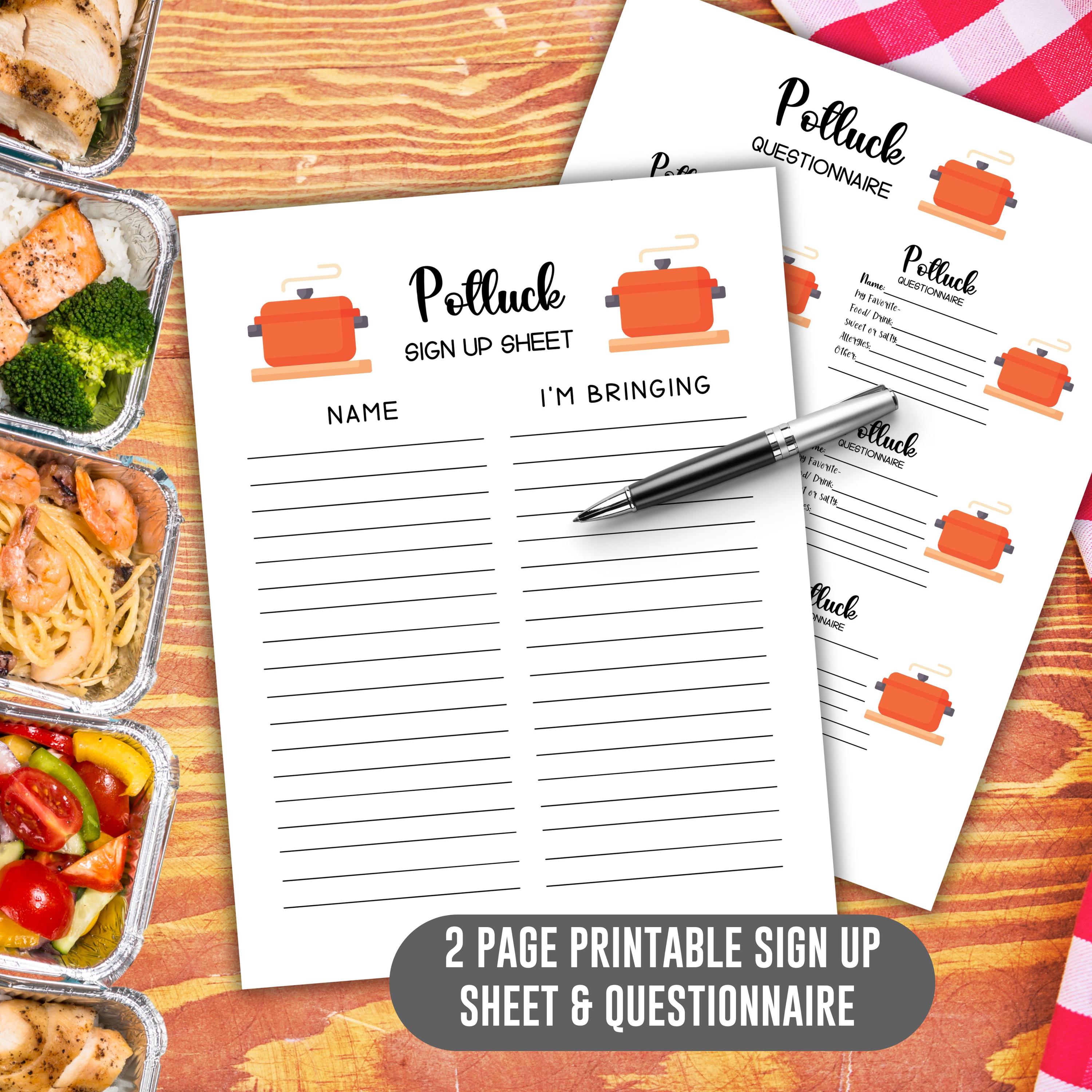 Potluck Signup Sheet & Questionnaire Card, Office Party Digital ...