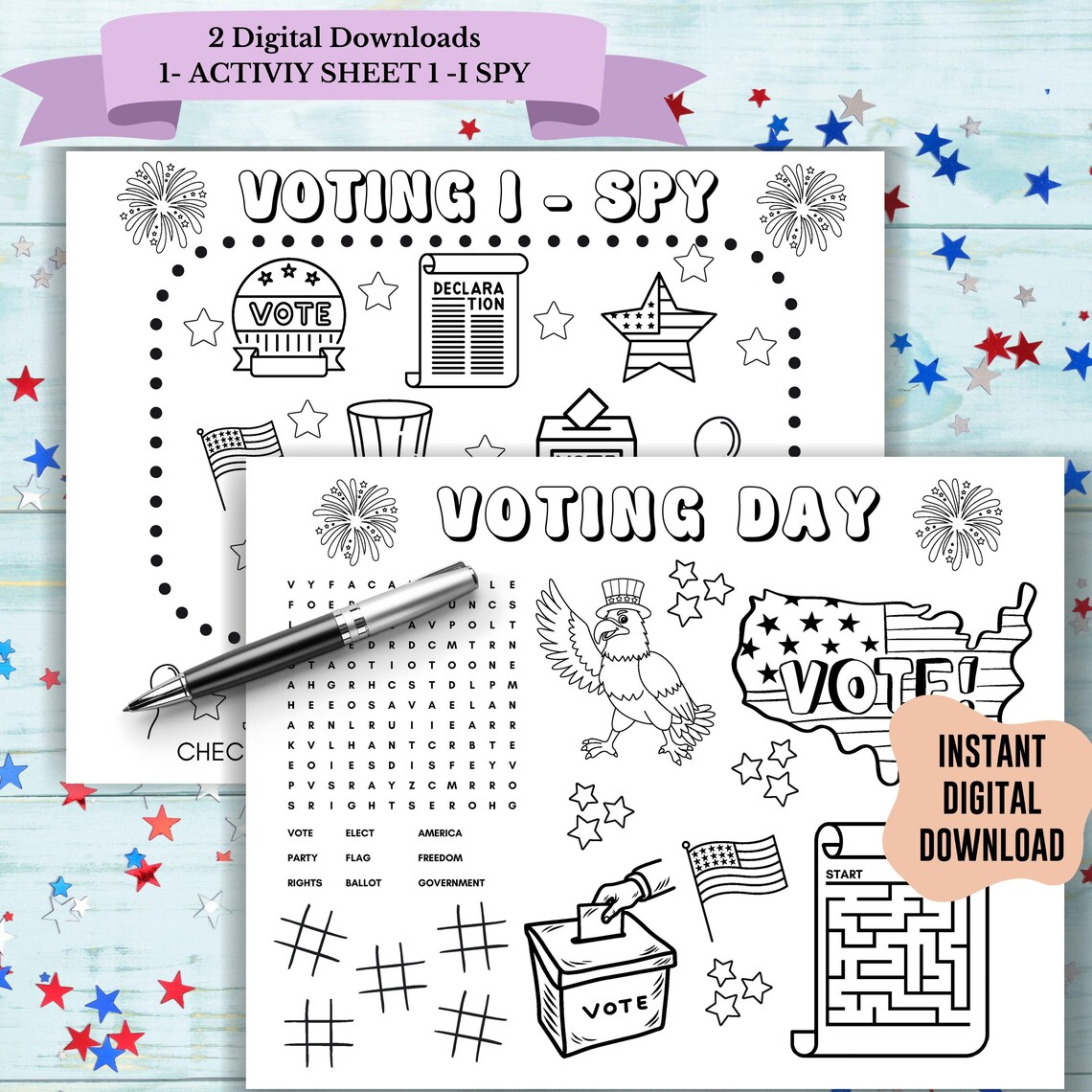 2- Easy Voting Day Kid Coloring Sheet, Digital Download School Election ...